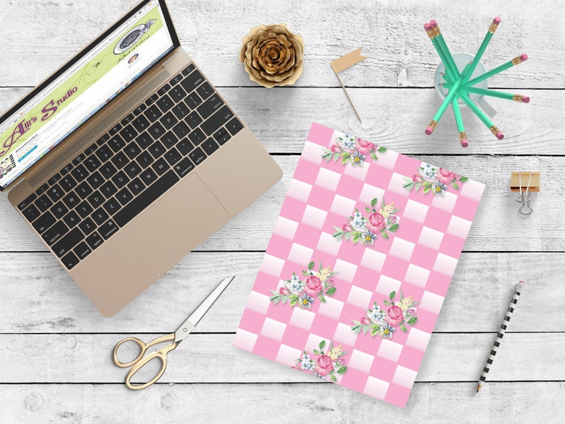 Pink White Check Floral Digital Paper 8.5x11 Printable DIY - Etsy