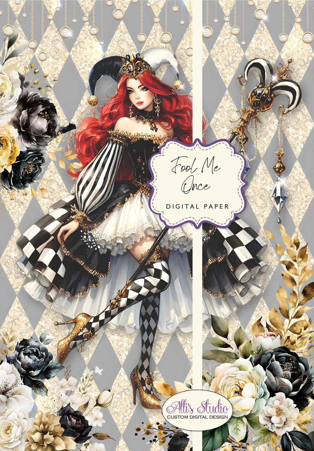 Lady Jester Red Head Fool Feminine Woman Roses Black and White Check ...