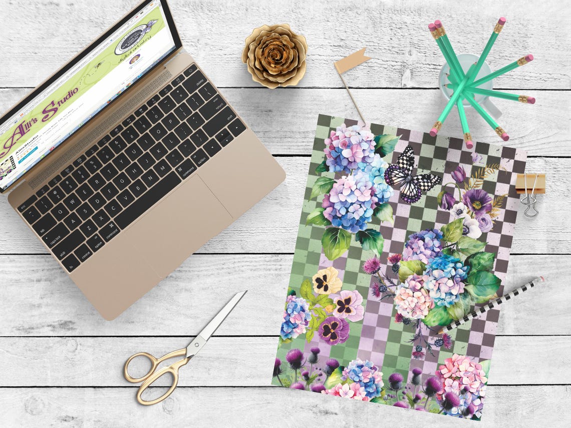 Rice Paper Whimsical Thistle Hydrangea Pansies Butterfly Black Purple ...