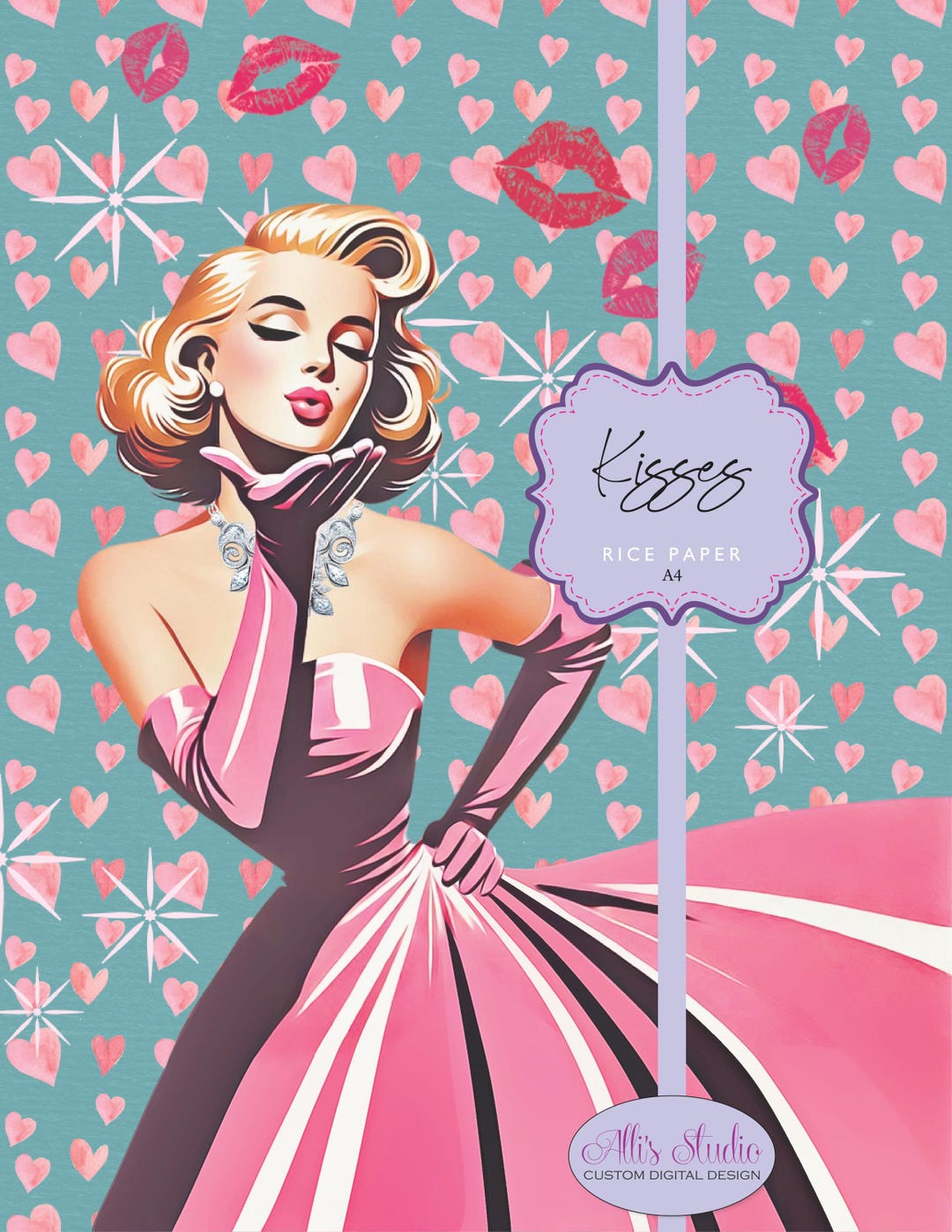 Rice Paper Kisses Blow Kiss Marilyn Retro Lips Hearts Pink Love ...