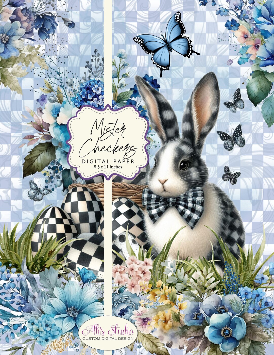 Mister Checkers Easter Bunny Rabbit Checked Blue Florals Eggs ...