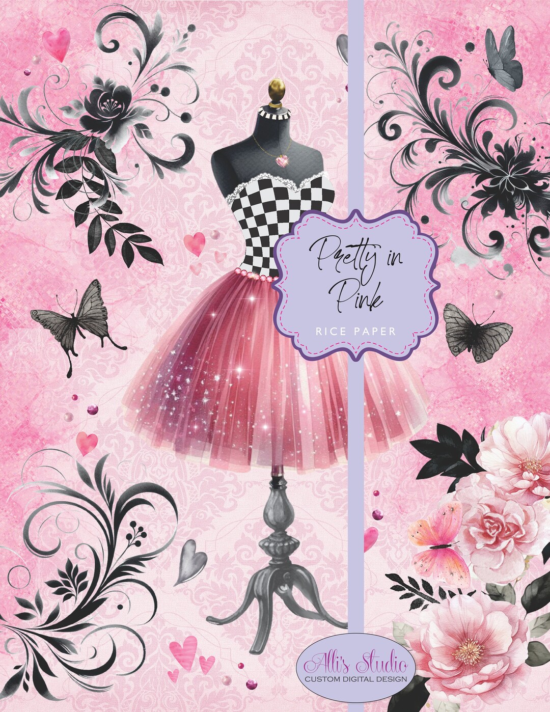 Rice Paper Dress Form Pink Black Tulle Hearts Love Valentine's Day ...
