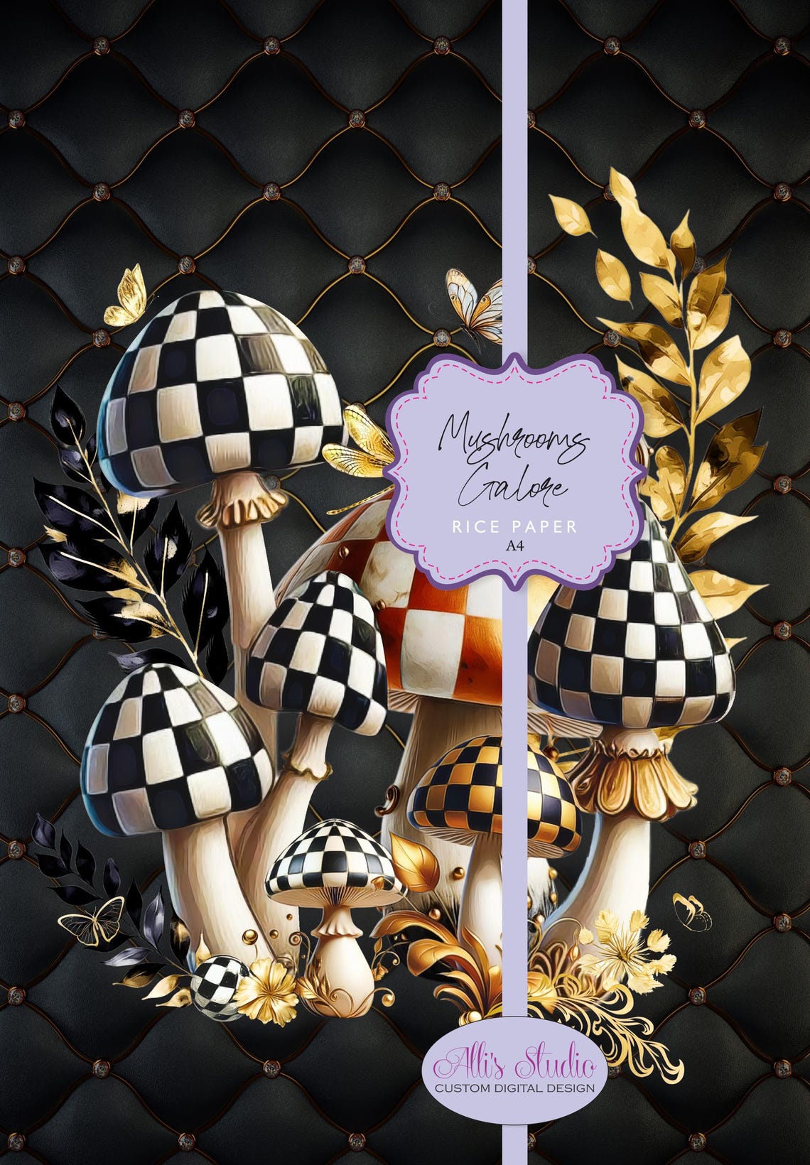Rice Paper Mushrooms Galore Whimsical Black White Check Gold Copper ...