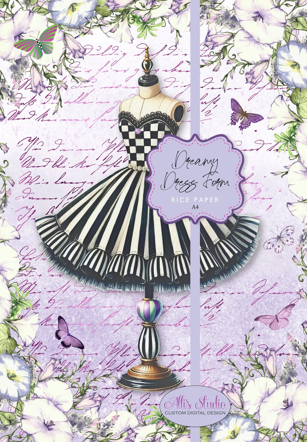 Rice Paper Dress Form Dreamy Morning Glory Butterfly Purple Checks ...