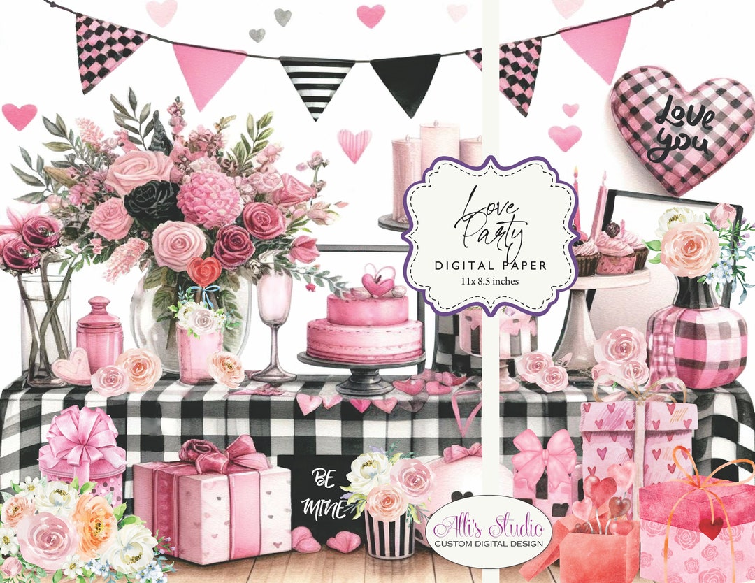 Valentine's Party Love Pink Roses Checked Bunting Heart Sparkle Hearts ...