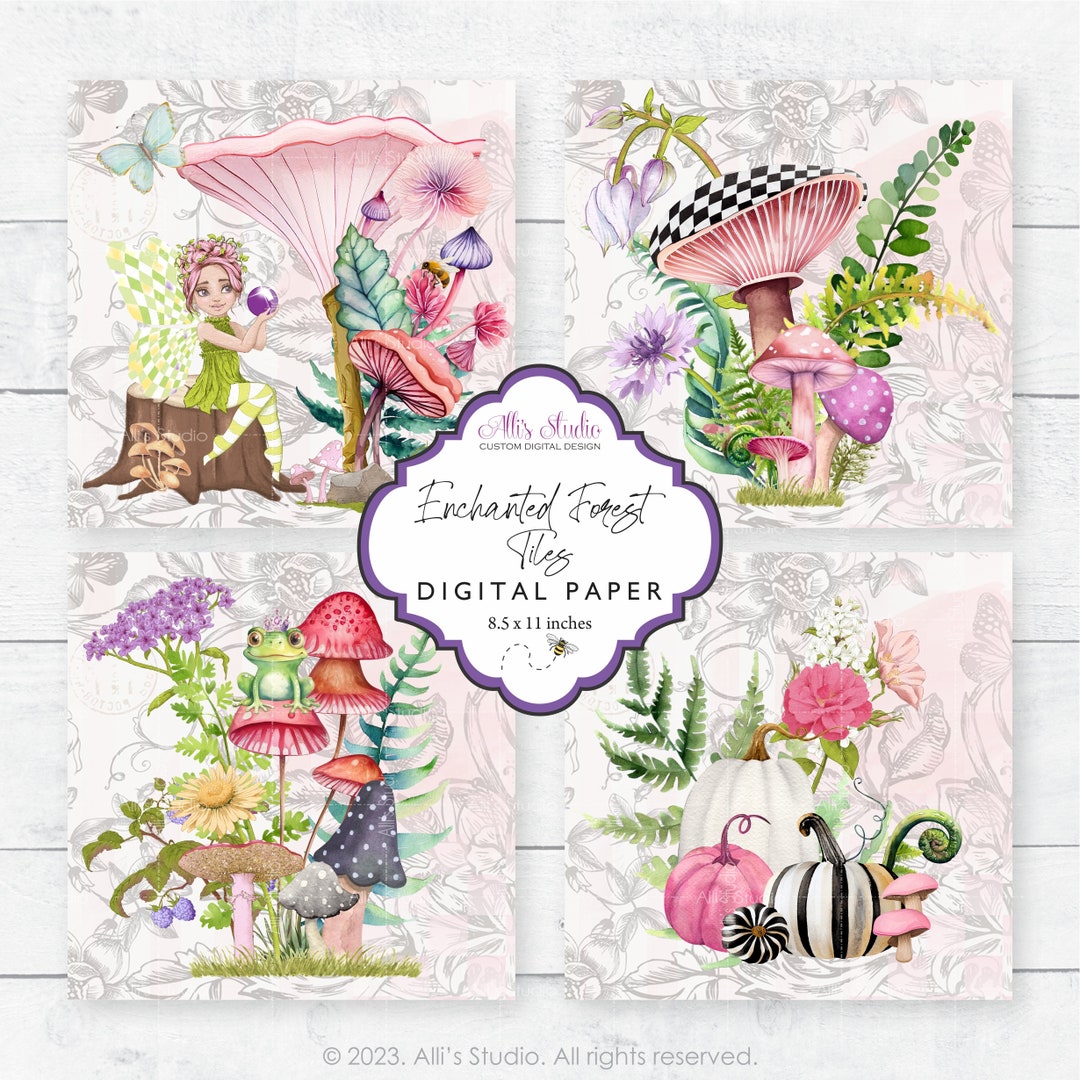 Enchanted Forest 4x4 Tiles Fairy Mushroom Floral Butterfly Digital ...