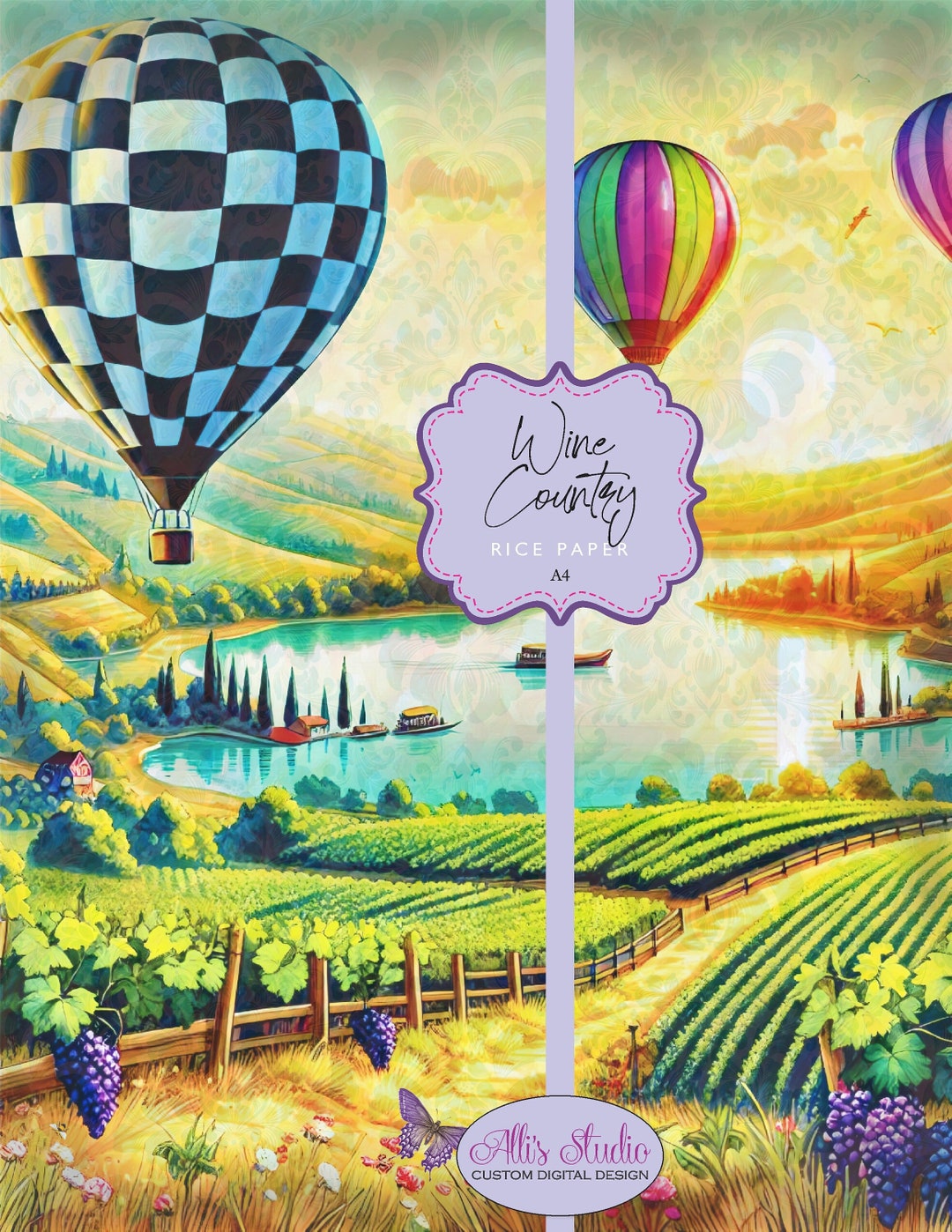 Rice Paper Wine Country Grapes Landscape Lake Hot Air Balloons A4 - Etsy