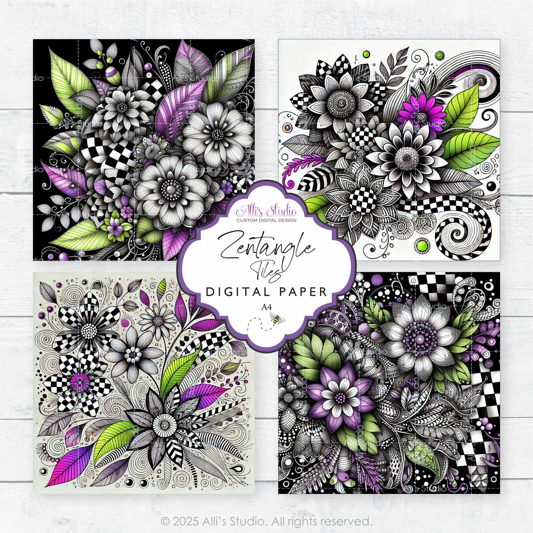 Zentangle Flowers 4 Inch Tiles Purple Green Whimsical Square Ephemera ...