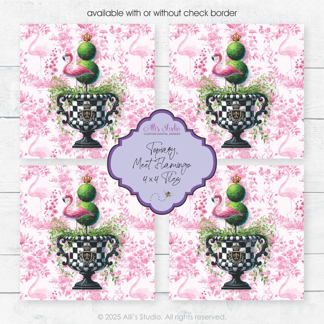 Rice Paper 4x4 Tiles Topiary and Pink Flamingo Checks Crown Vintage ...