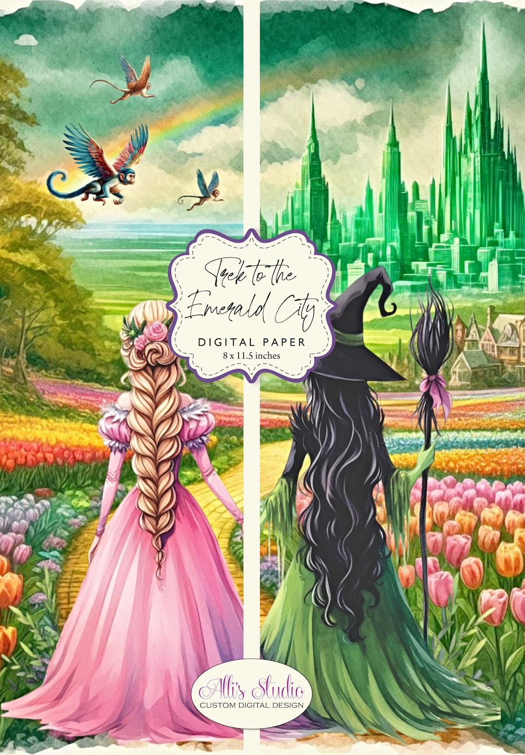 Emerald City Yellow Brick Glinda Wicked Witch Watercolor Elphaba Oz ...
