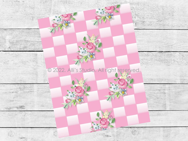 Pink White Check Floral Digital Paper 8.5x11 Printable DIY - Etsy