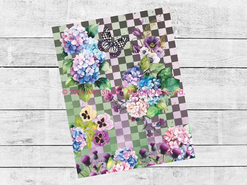 Rice Paper Whimsical Thistle Hydrangea Pansies Butterfly Black Purple ...