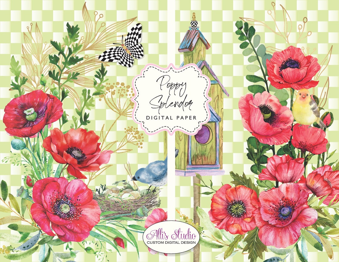 Poppies Poppy Green Check Birds Nest Birdhouse Butterfly Digital Paper ...
