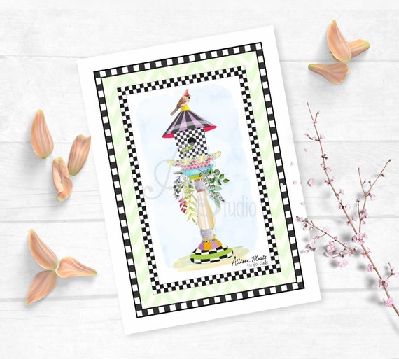 Birdhouse Whimsy Check Spring Whimsical Art Print Checkered - Etsy