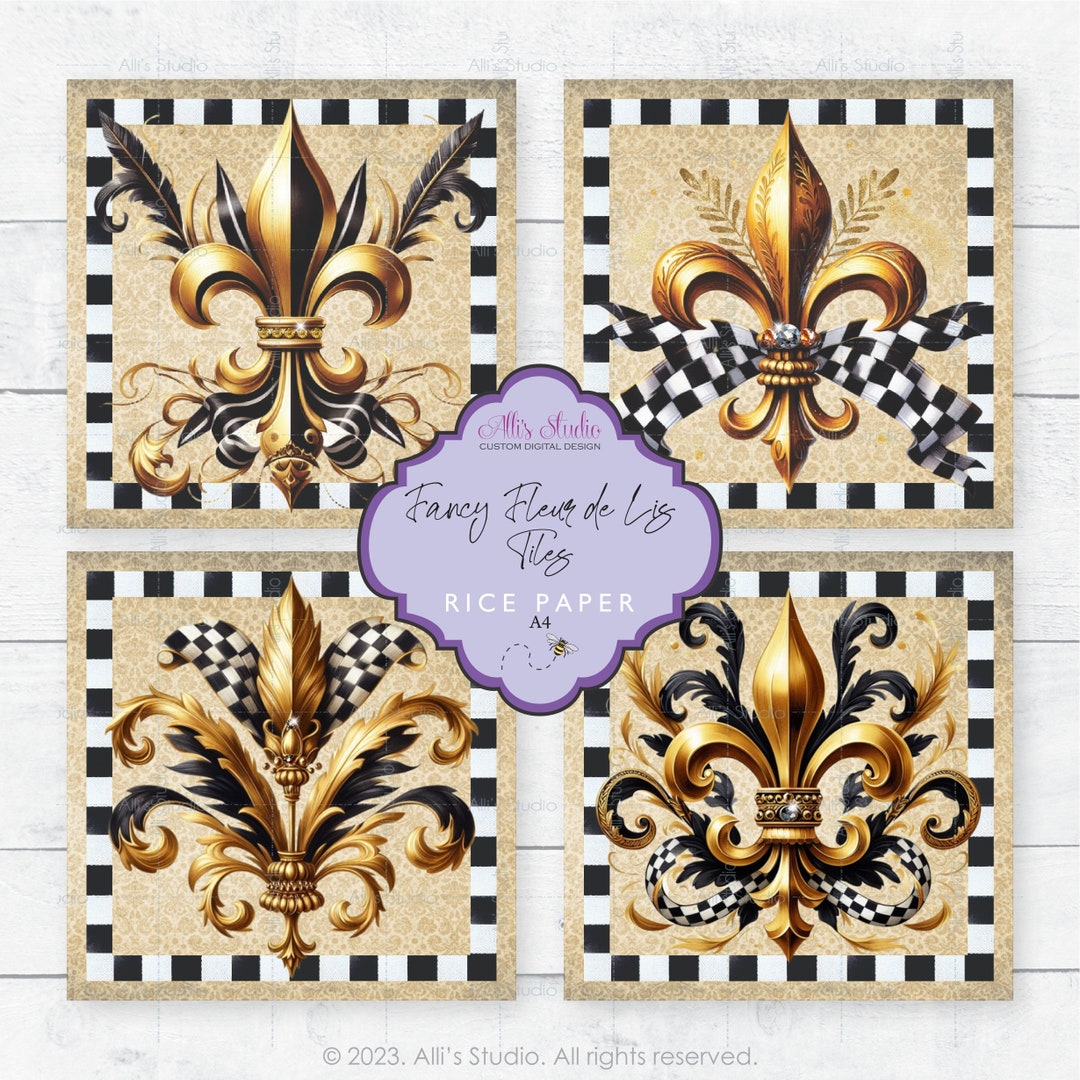 Rice Paper 4x4 Tiles Fancy Fleur De Lis Damask Checks Gems Vintage ...