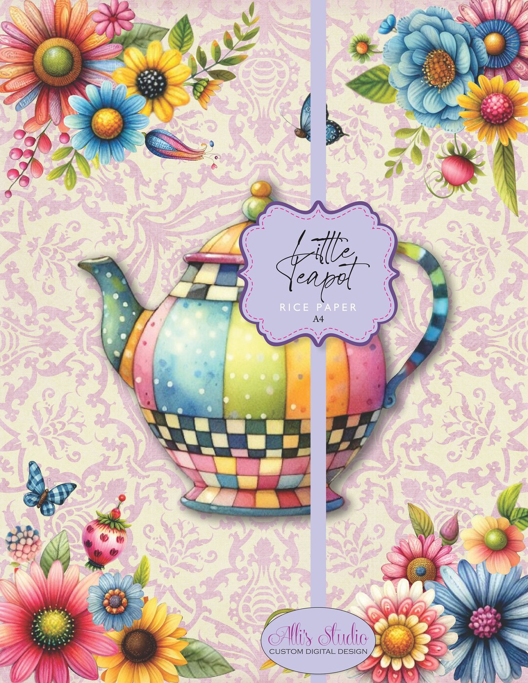 Rice Paper Little Teapot Whimsical Tea Party Checks Florals Decoupage ...