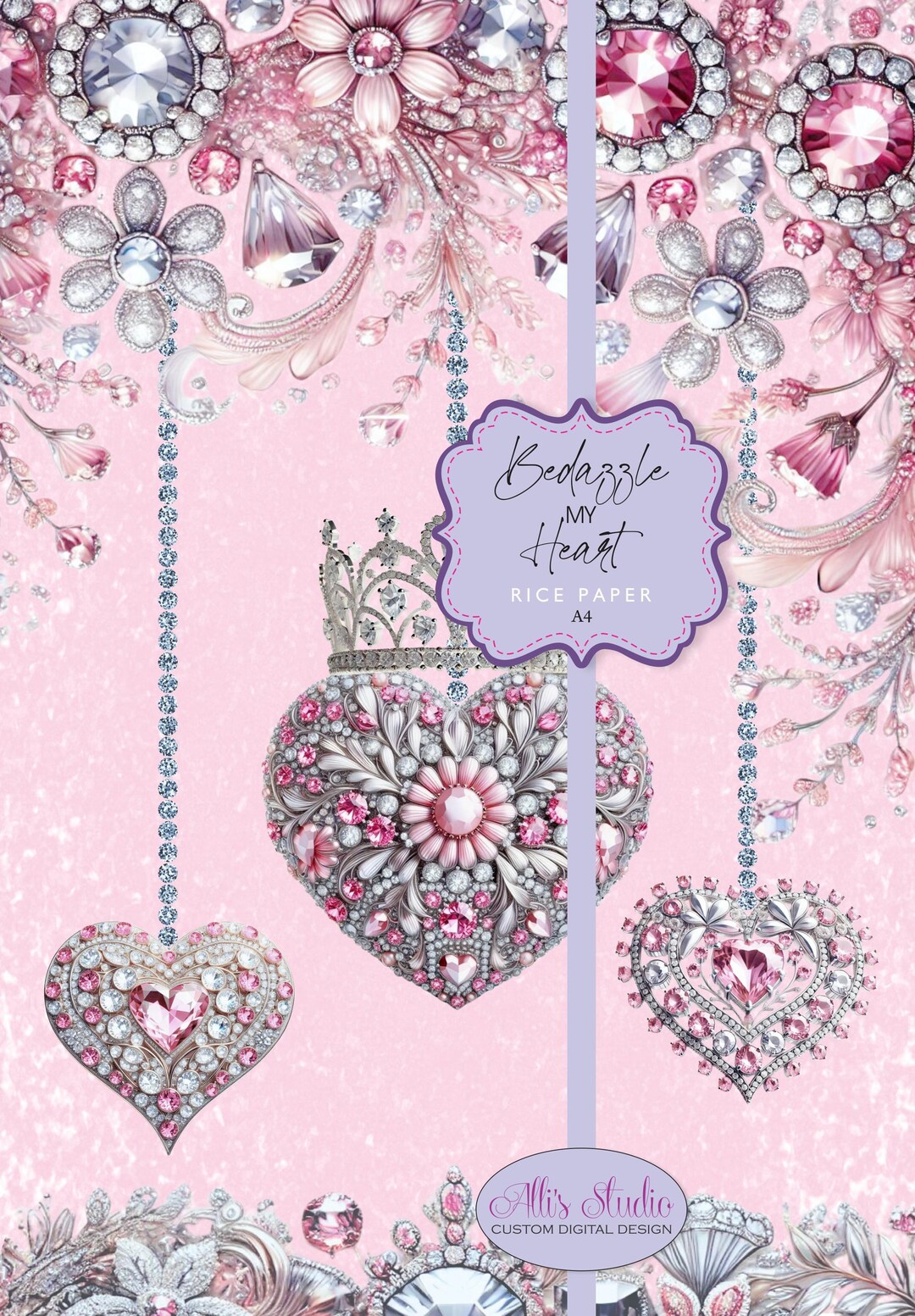 Rice Paper Bedazzle Sparkle Heart Brooch Pink Bling Ornaments Valentine ...