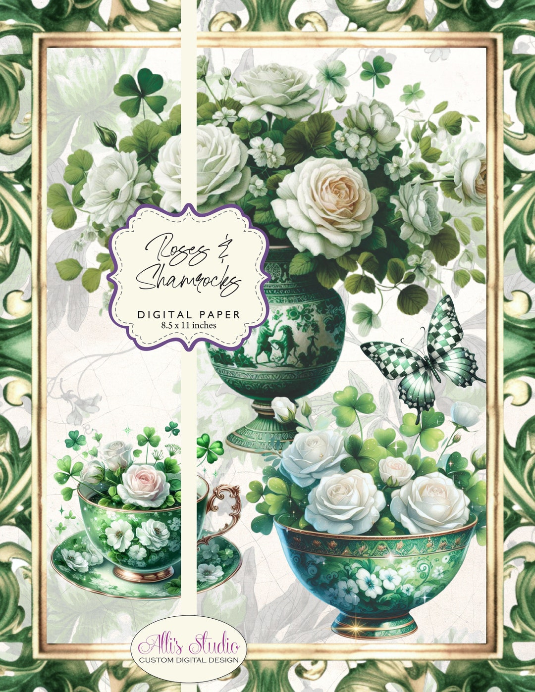 Roses Shamrocks Green Toile Tea Cup Chinoiserie St Paddy's Day Clover ...
