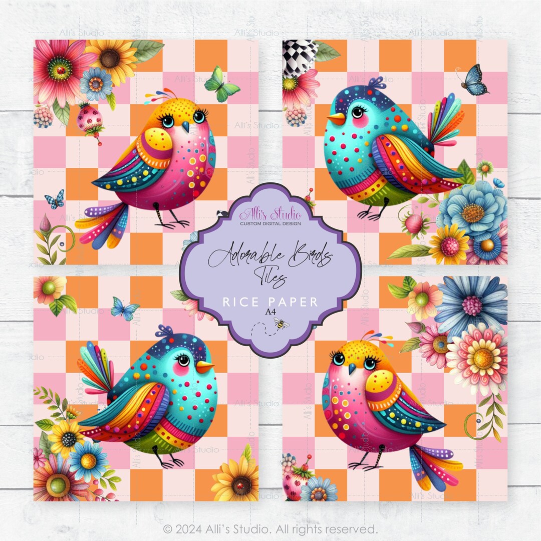 Rice Paper 4x4 Tiles Adorable Birds Whimsical Checks Pink Orange Teal ...