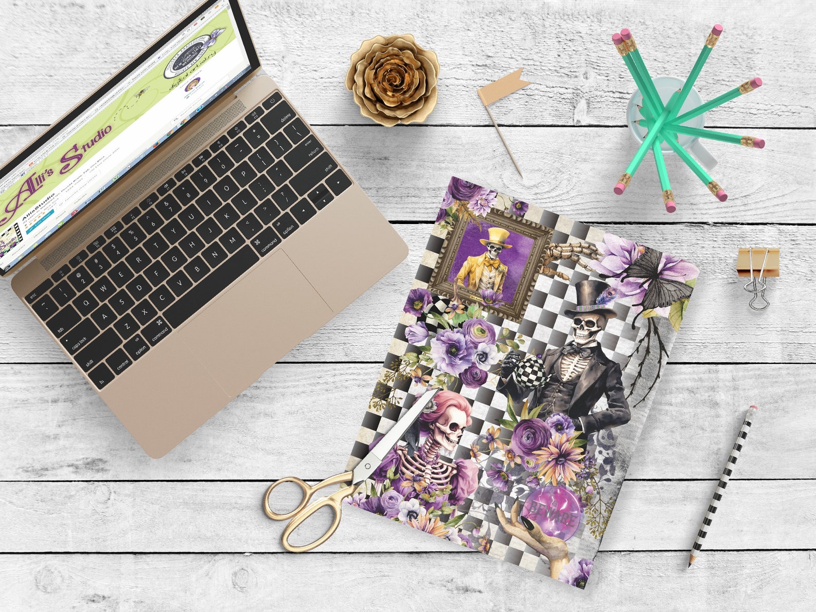 Skelly Clan Skeletons Halloween Gothic Pumpkin Skull Black Check Goth ...