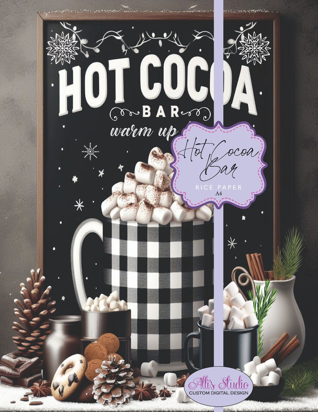 Rice Paper Hot Cocoa Bar Sign Marshmallows Chocolate Mug Happy Holidays ...