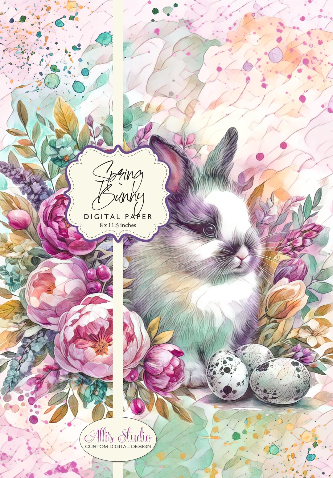 Spring Bunny Rabbit Pastels Watercolor Digital Paper 8x11.5 A4 ...