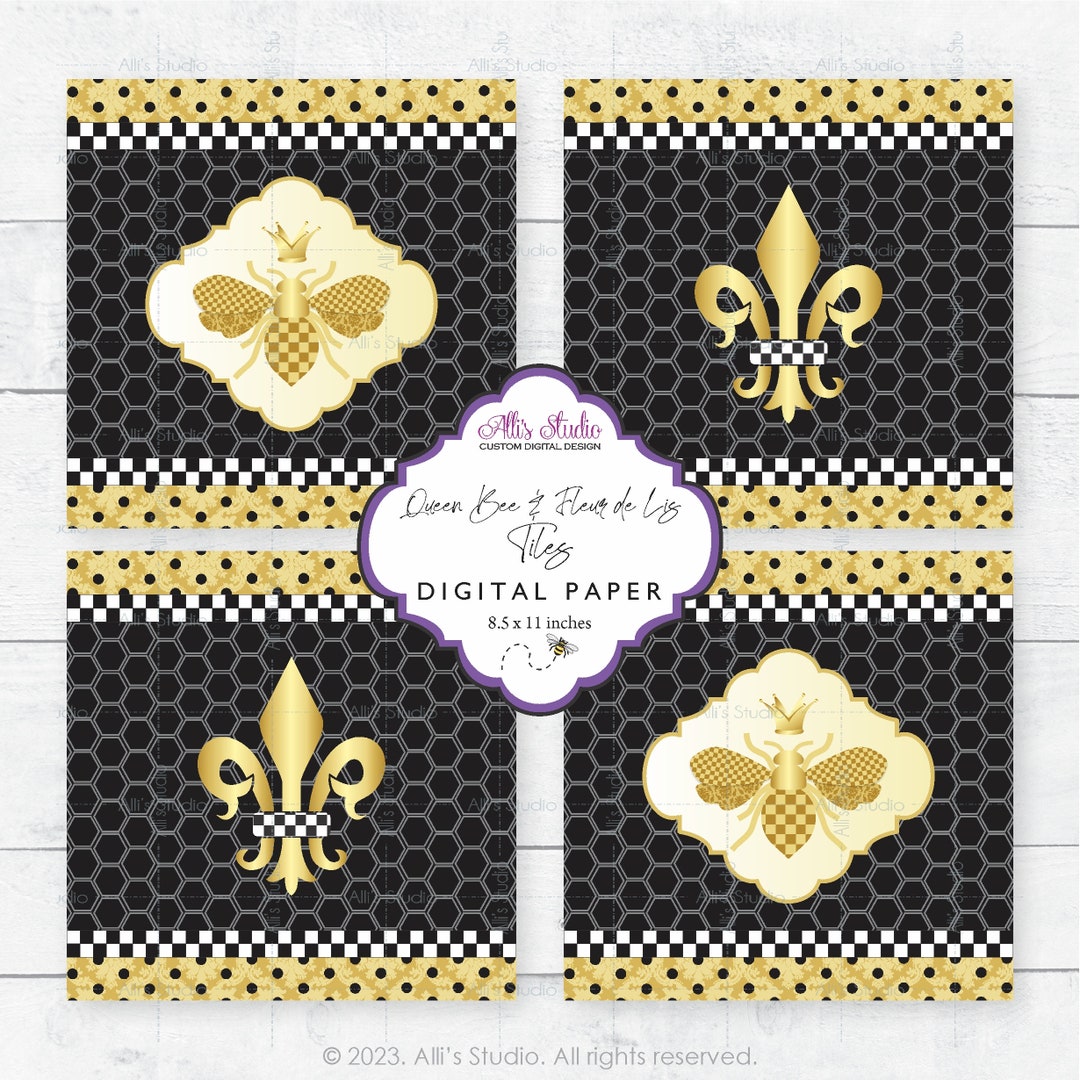 Queen Bee Fleur De Lis 4x4 Tiles Damask Check Dots Ephemera Digital ...