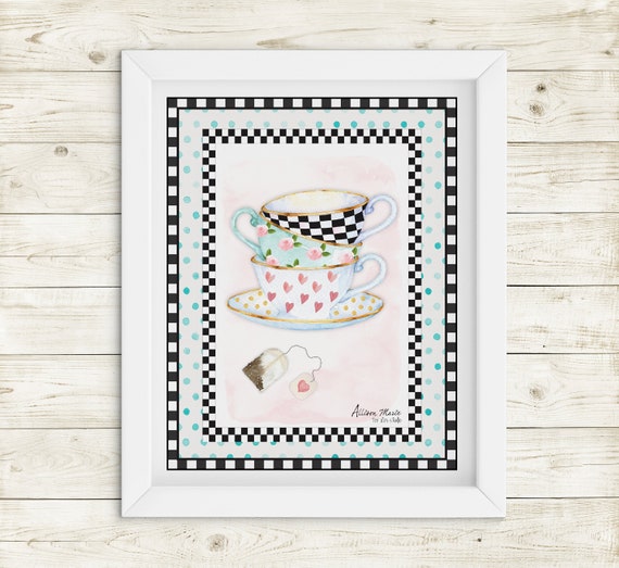 Tea Time Whimsical Art Print / Stacked Tea Cups / Watercolor | Etsy