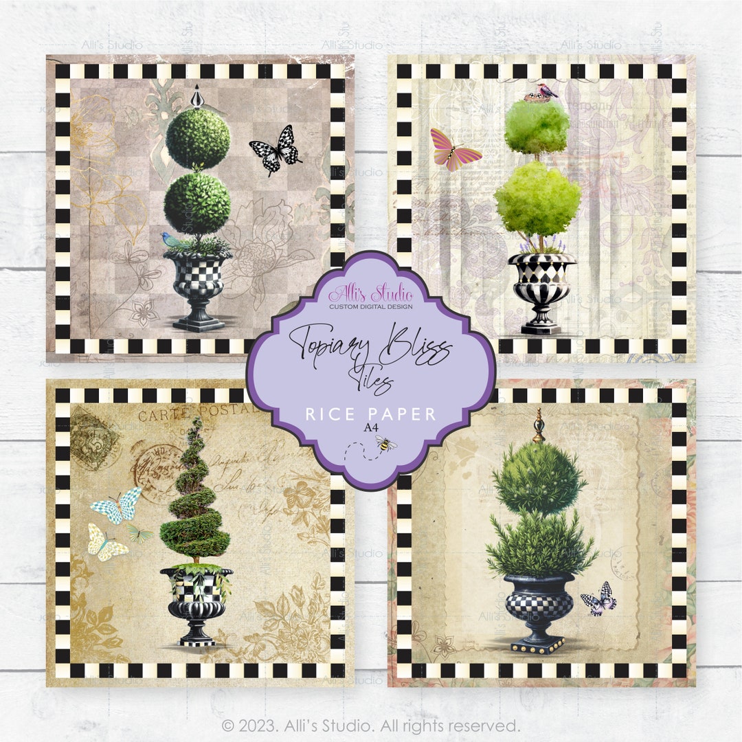 Rice Paper 4x4 Tiles Topiary Moss Urn Damask Checks Butterflies Vintage ...