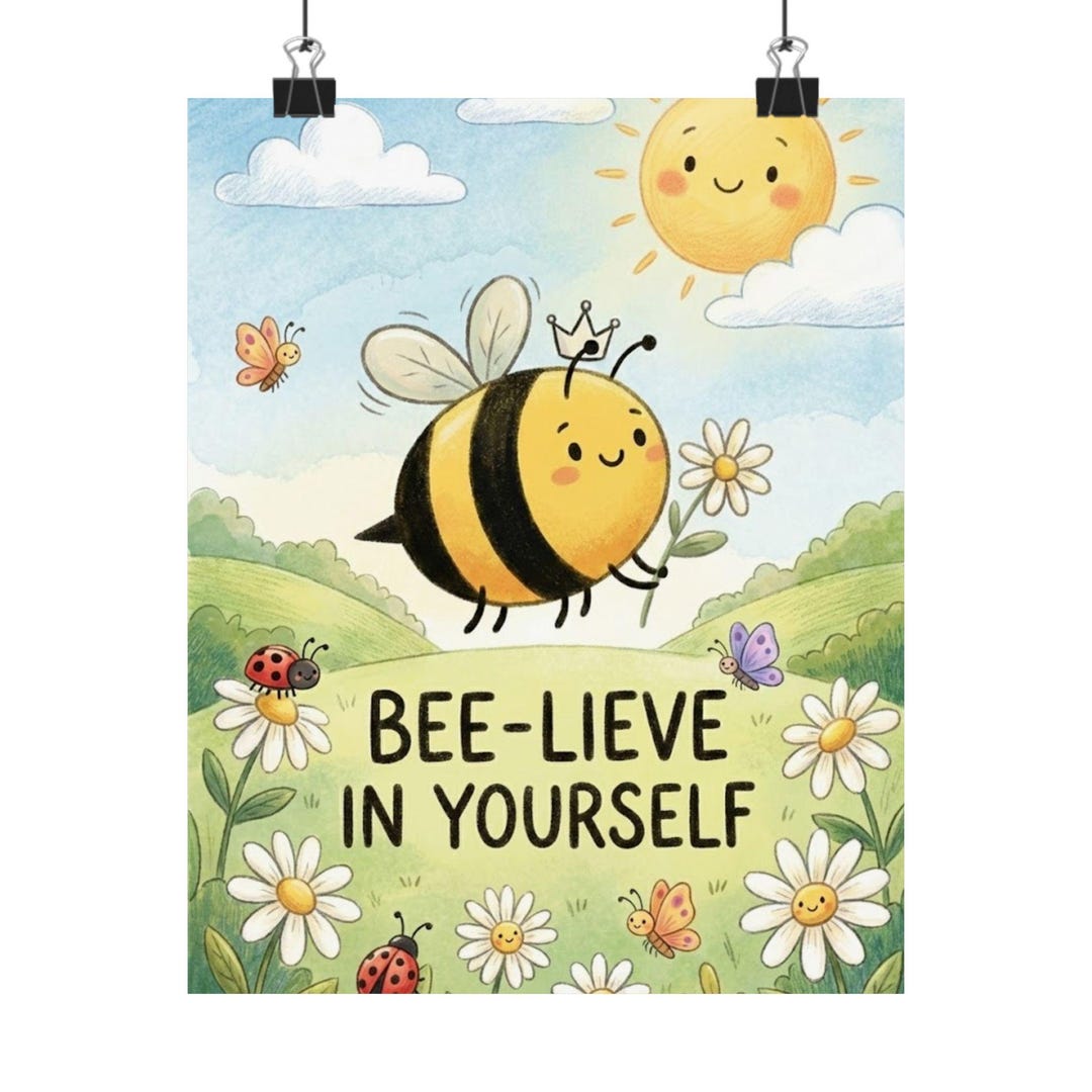 Bee-lieve in Yourself Matte Vertical Poster | Cute Bee Nursery Wall Art ...
