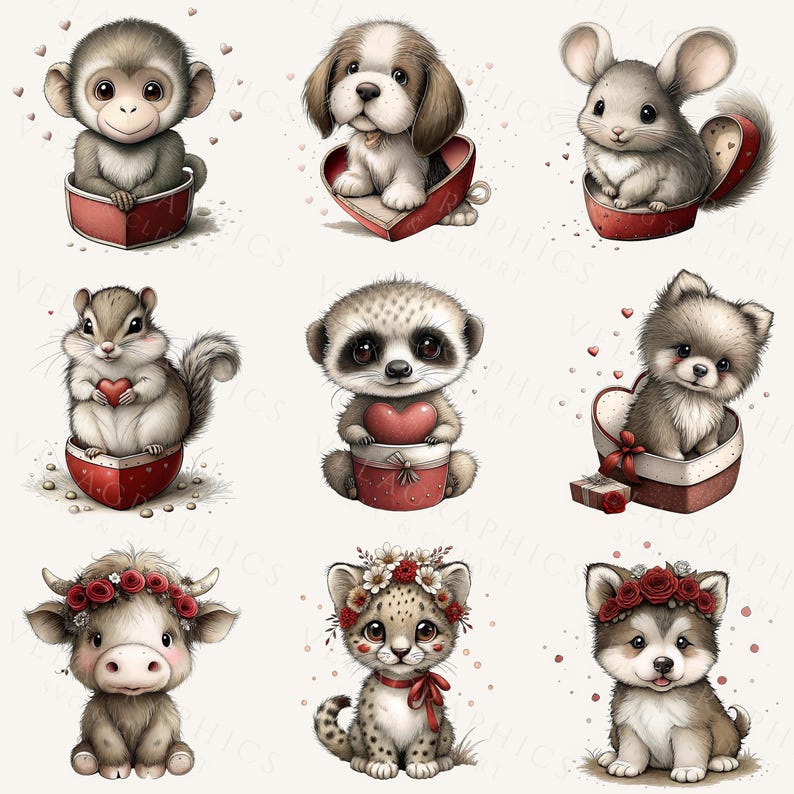 Valentine Animals Clipart – 75 Watercolor PNG Files, Nursery Art ...