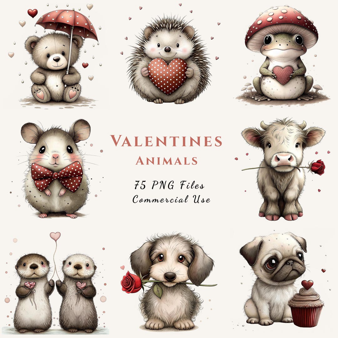 Valentine Animals Clipart – 75 Watercolor PNG Files, Nursery Art ...