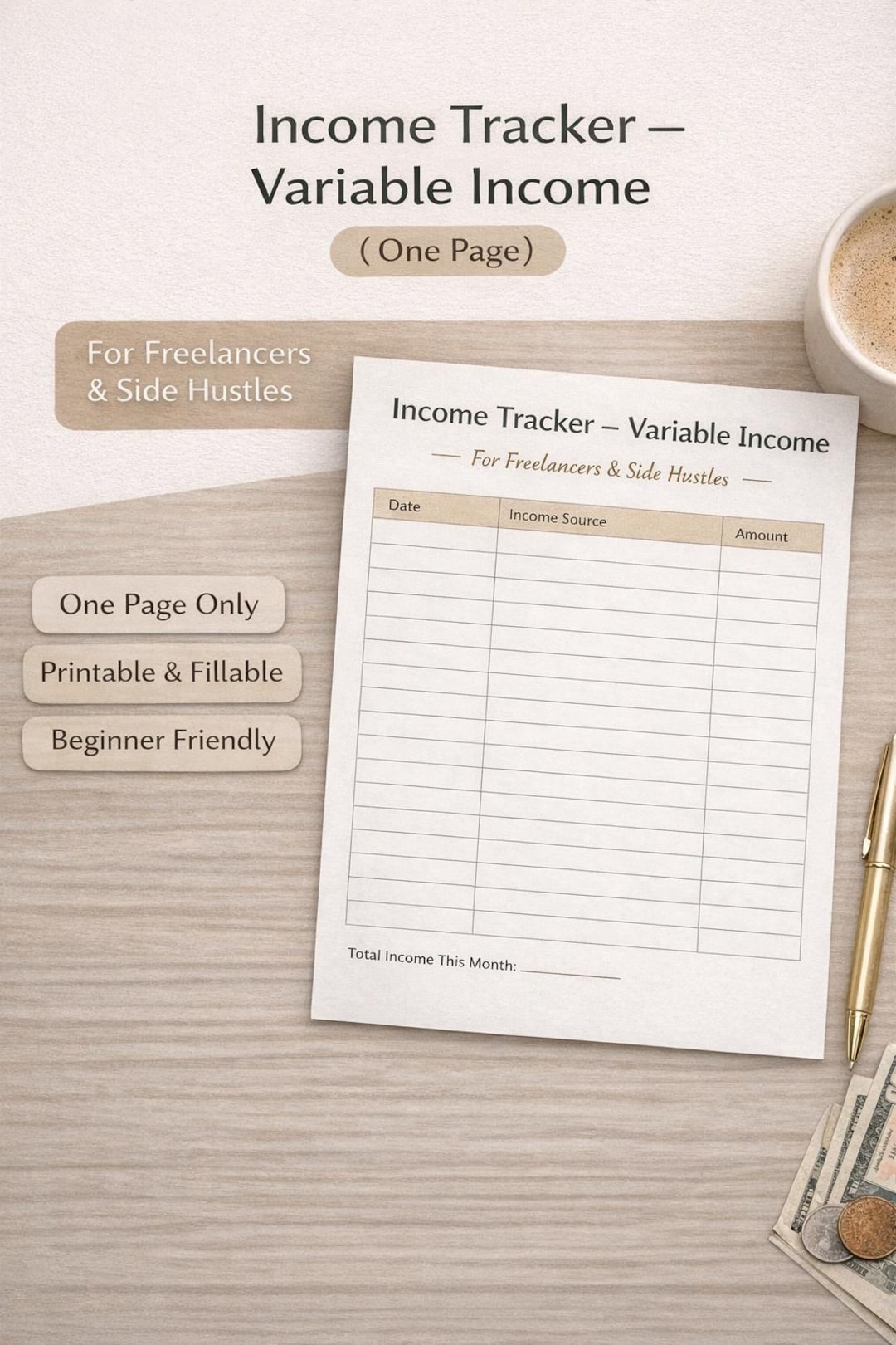 Income Tracker for Variable Income | One Page Printable | Freelancer ...