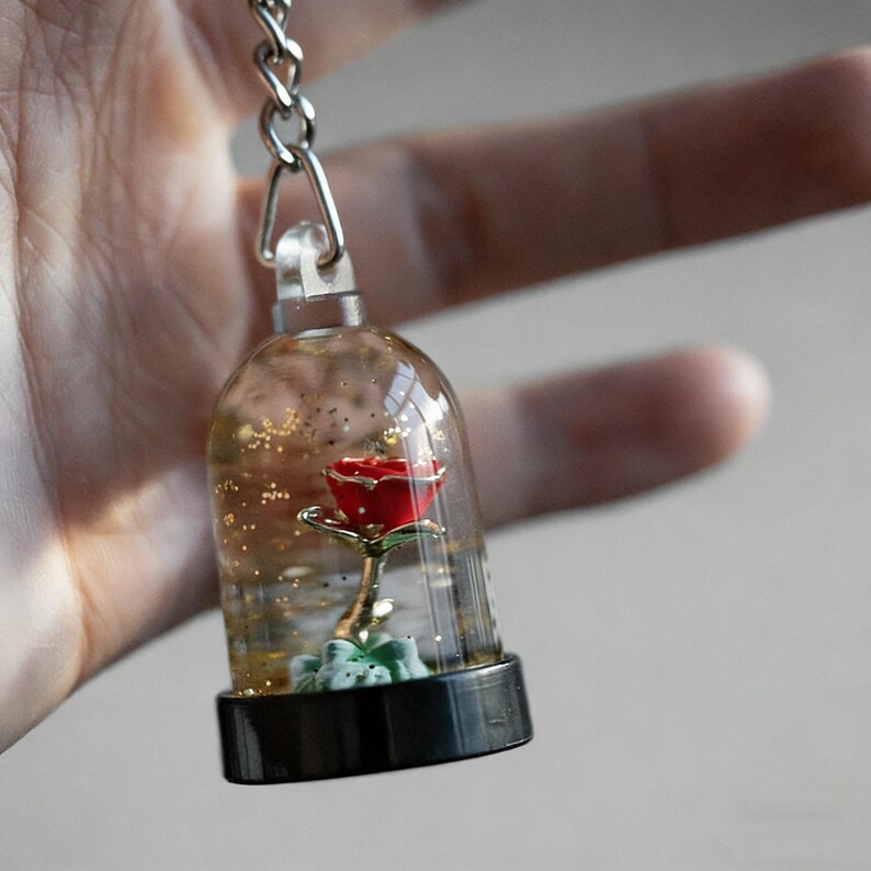 Beauty and the Beast Glass Dome Rose Keychain, Mini Enchanted Rose ...