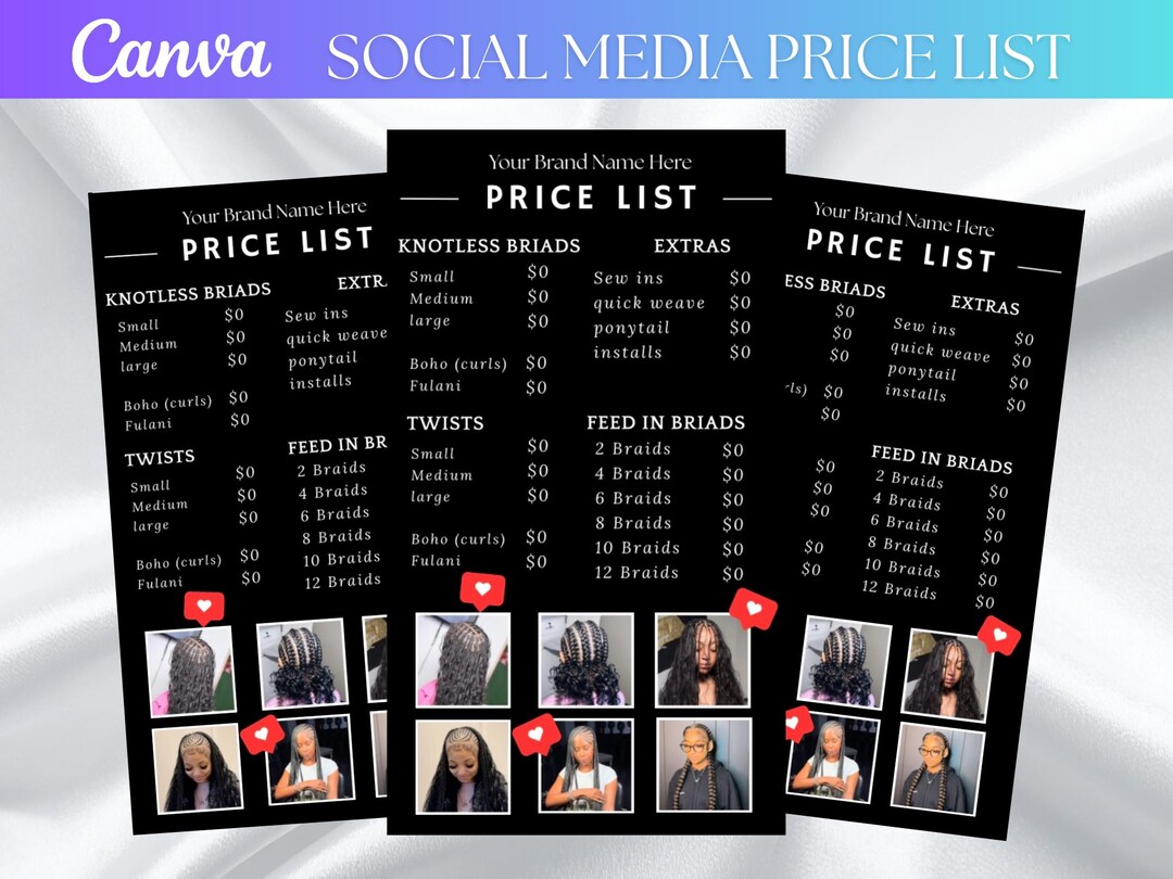 Social Media Price List Template | Editable in Canva | Hairstylist ...