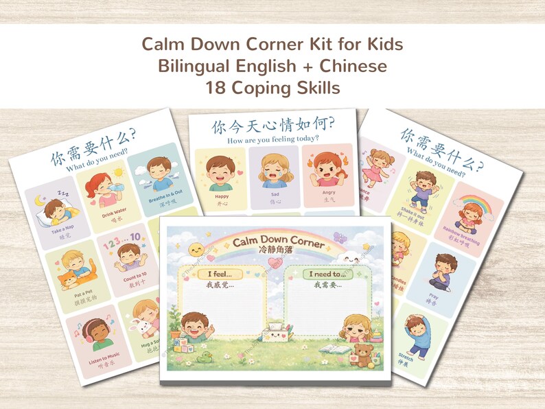 Bilingual Calm Down Corner Kit for Kids | Emotions Chart, Coping ...