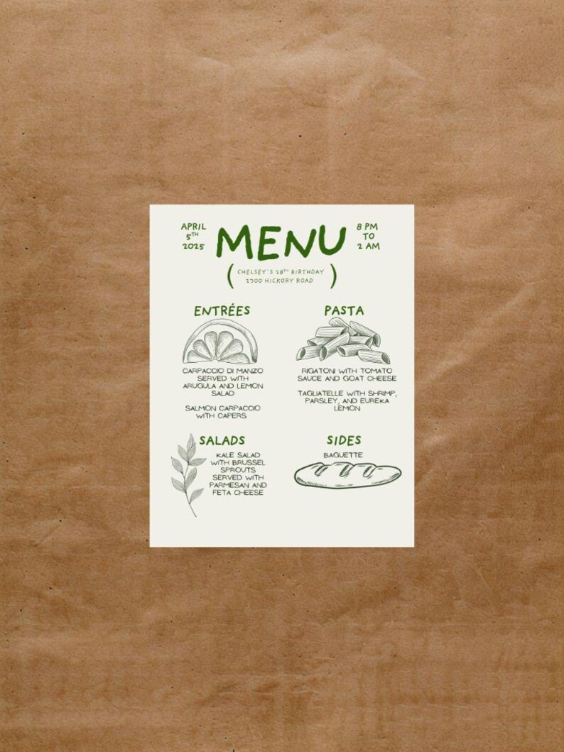 Editable Dinner Party Menu Template | Birthday, Anniversary & Holiday ...