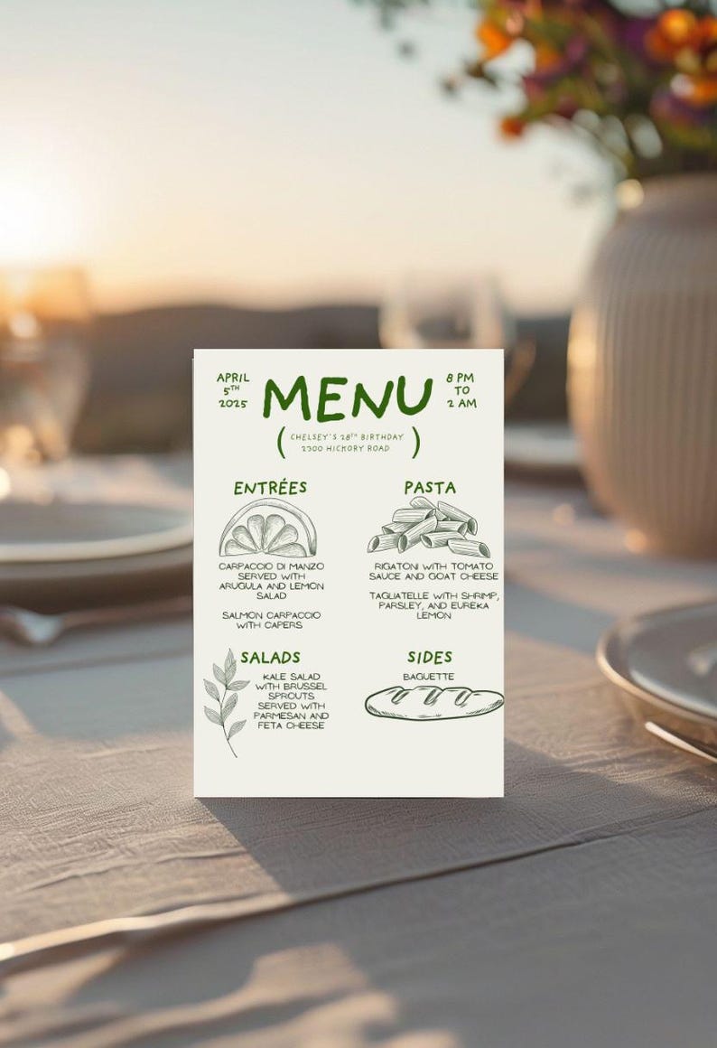 Editable Dinner Party Menu Template | Birthday, Anniversary & Holiday ...