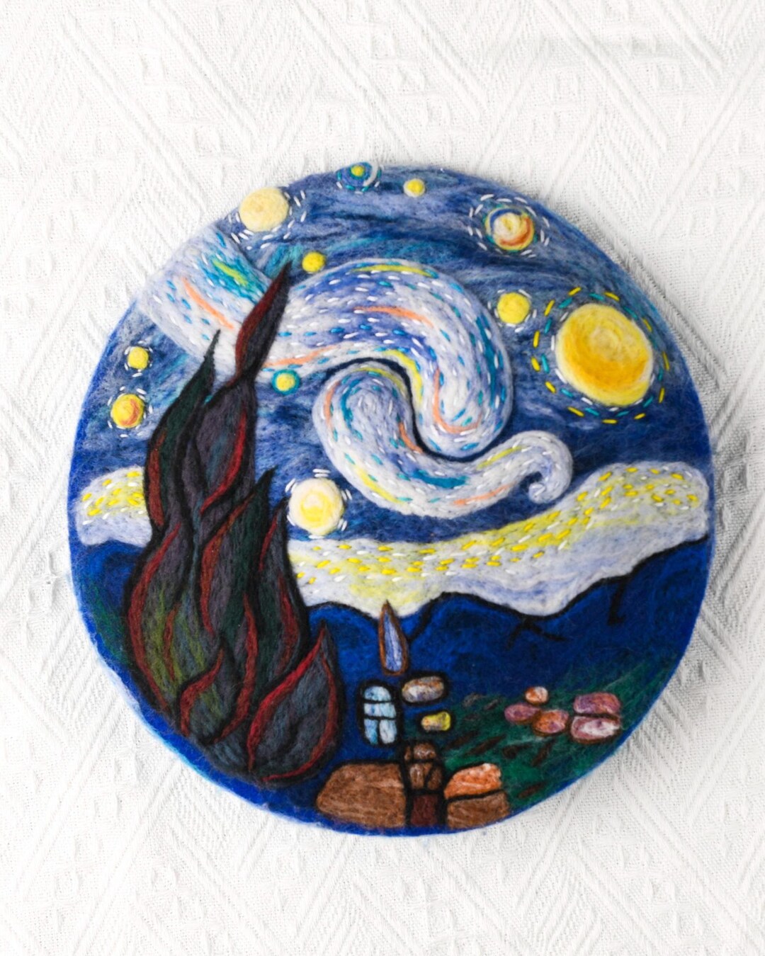 Van Gogh Starry Night Hand Felted Wool Beret - Artistic Midnight Blue ...