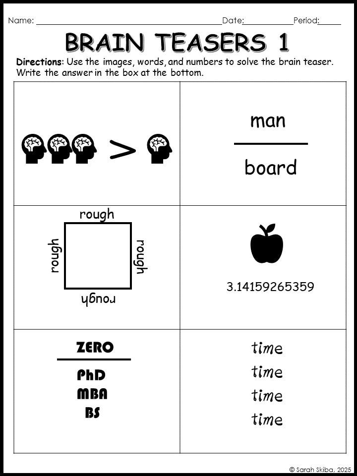 Rebus Brain Teasers | Printable Logic Puzzles for Middle School (PDF ...