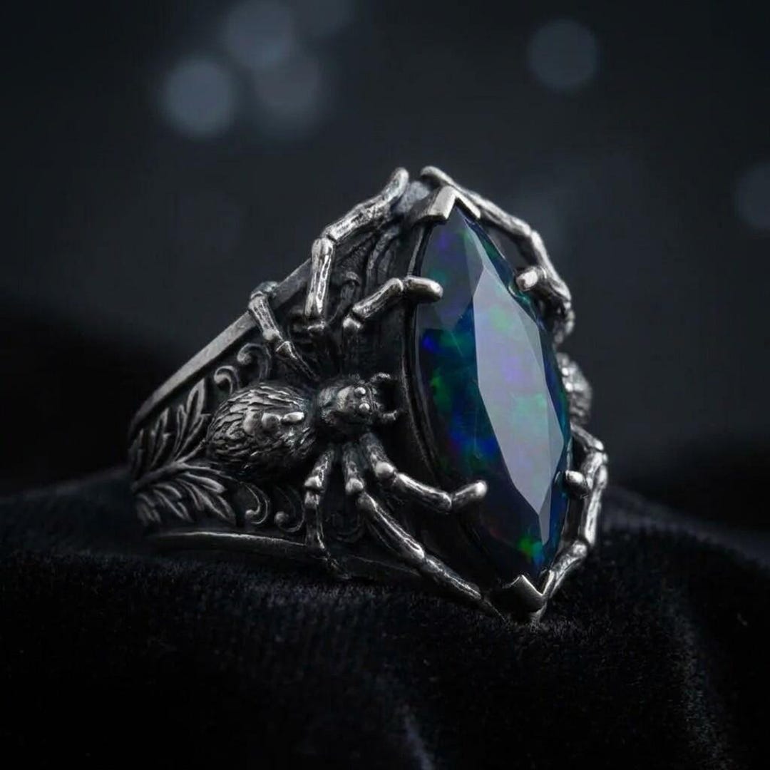 Gothic Spider Ring, Marquise Black Opal Look Gemstone, Oxidized Silver ...