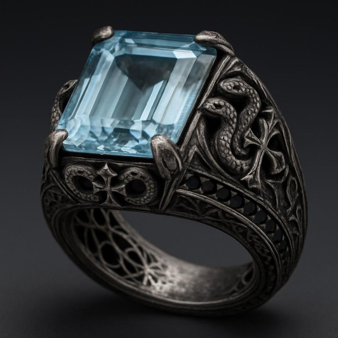 Gothic Snake Cross Ring Sterling Silver, Octagon Aqua Gem & Black ...