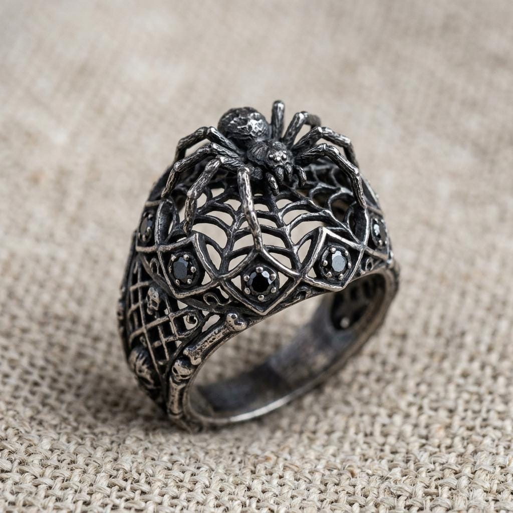 Spider Web Ring, Gothic Spider Ring, Oxidized Silver Black Stone ...