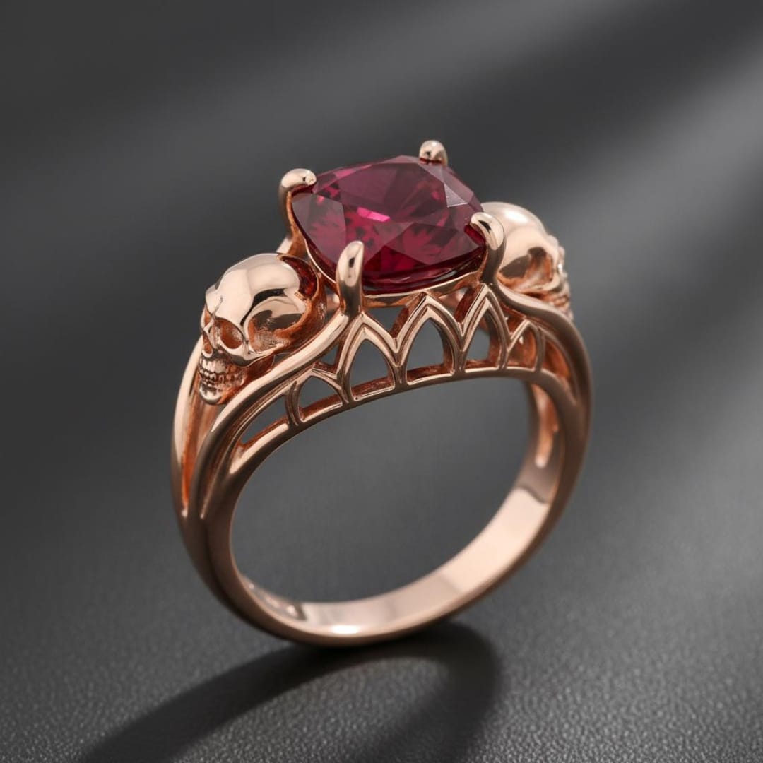Gothic Skull Ruby Red Ring Rose Gold Sterling Silver Memento Mori ...