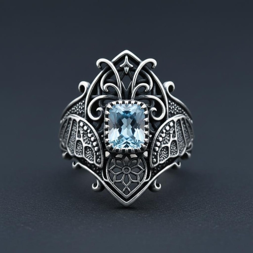 Gothic Moth Ring in Oxidized Sterling Silver With Pale Blue Gemstone ...