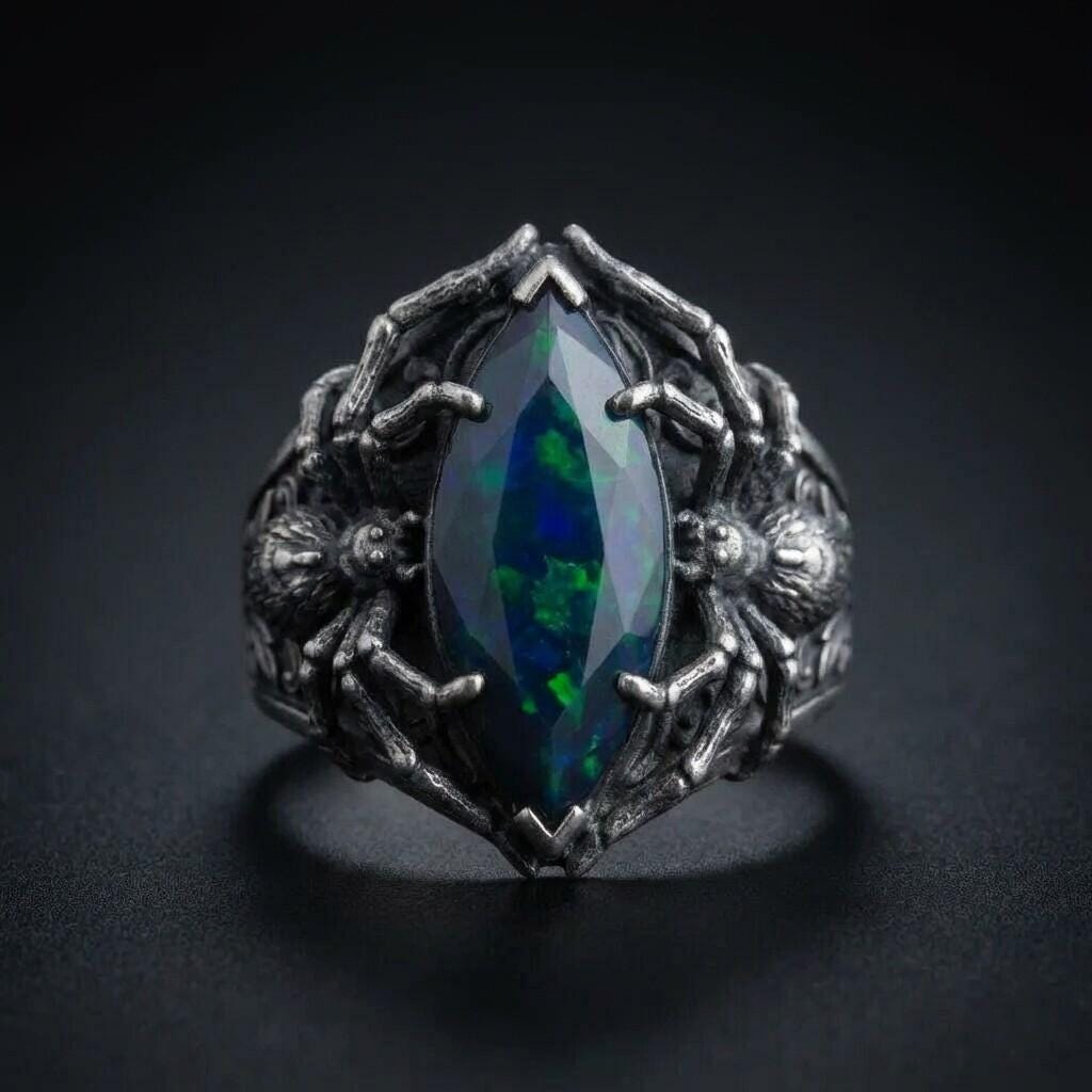 Gothic Spider Ring, Marquise Black Opal Look Gemstone, Oxidized Silver ...