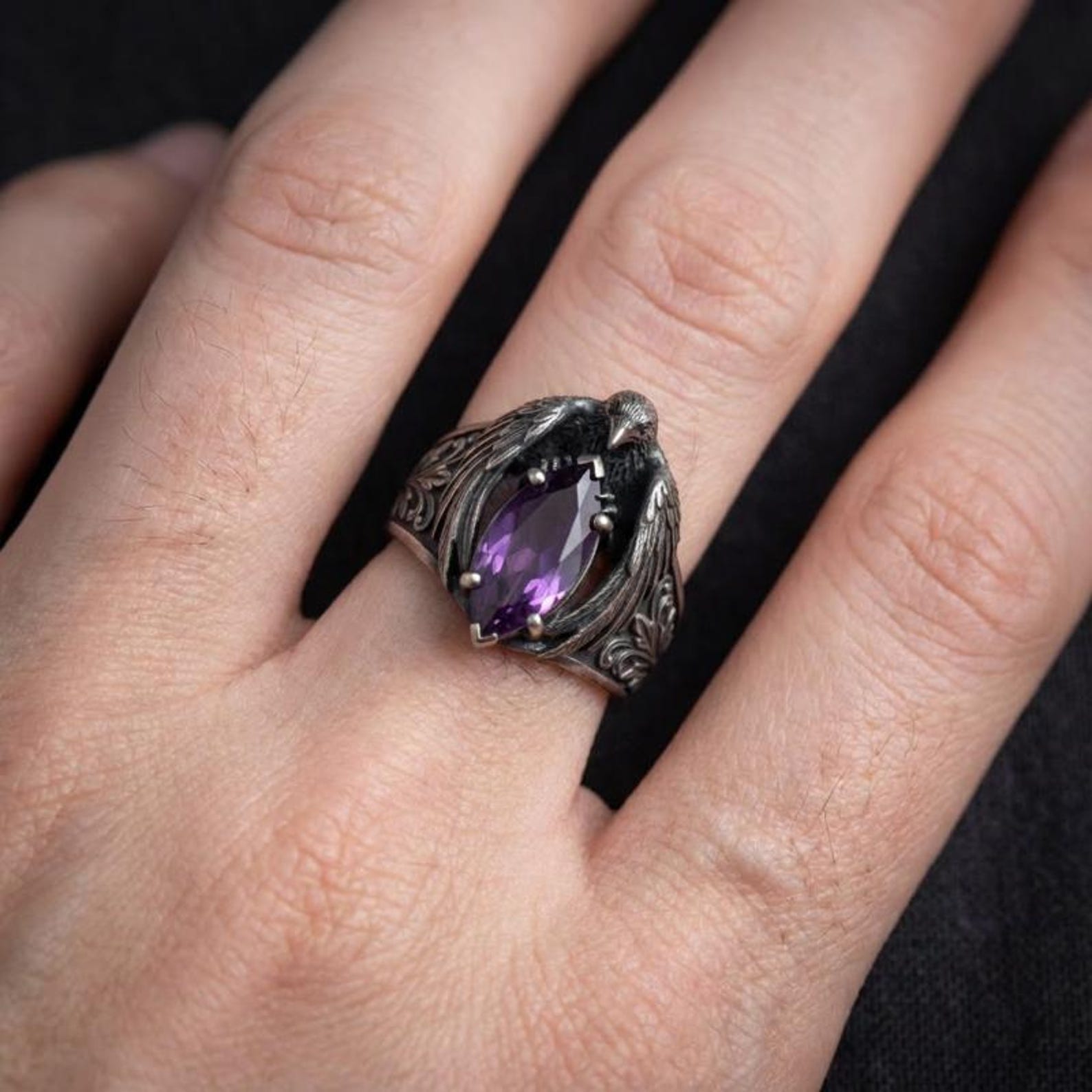 Custom Gothic Raven Ring Series, Marquise Gem Statement Ring, Dark ...