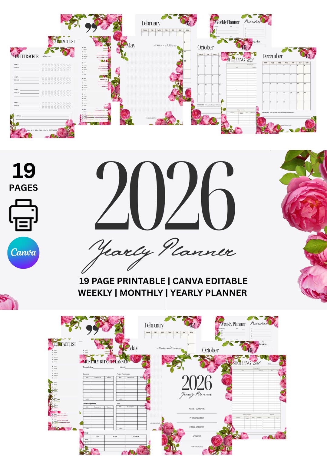 2026 Pink Rose Digital Planner, Canva Template (PDF Download, 19-page ...