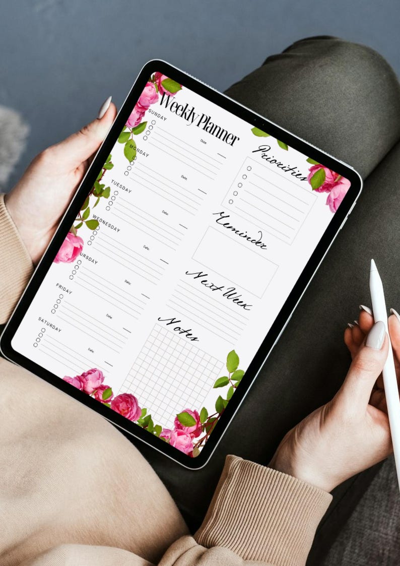 2026 Pink Rose Digital Planner, Canva Template (PDF Download, 19-page ...