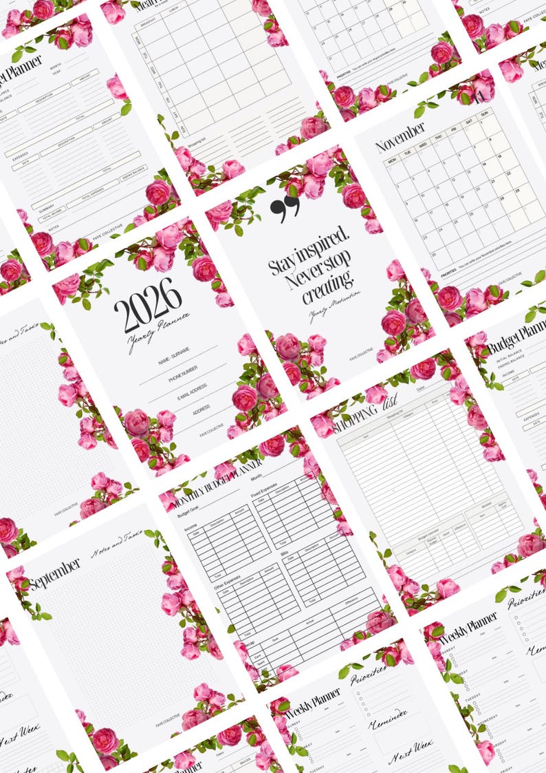 2026 Pink Rose Digital Planner, Canva Template (PDF Download, 19-page ...